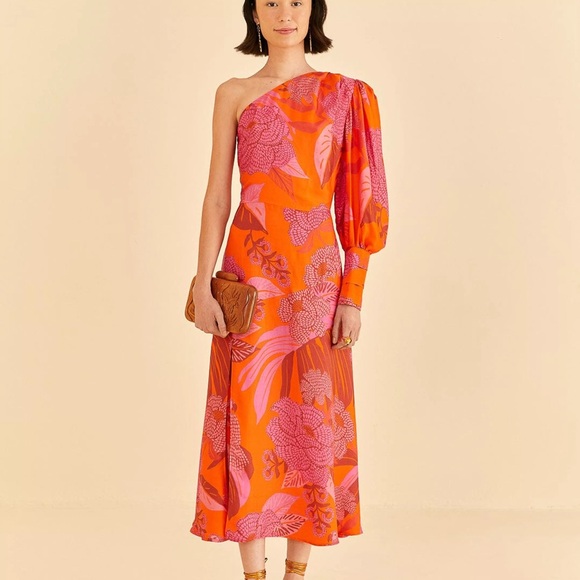 FARM Rio | Dresses | Farm Rio Red Dewdrop Floral One Shoulder Midi ...